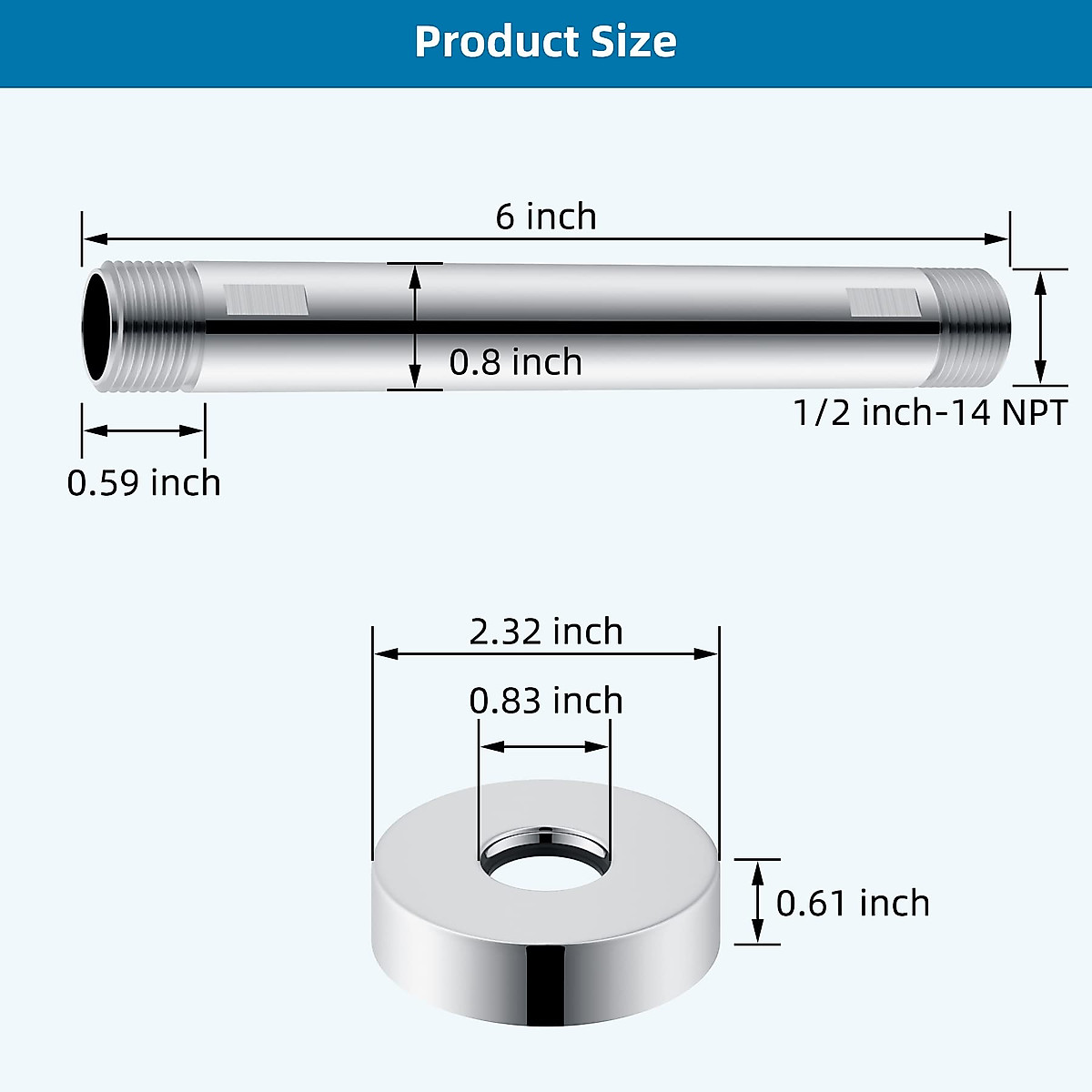 Hibbent All Metal Ceiling Mounted Shower Arm, 6 Inch Shower Head Extension Arm with Flange, Stainless Steel Straight Shower Arm For Fixed High Pressure Rain Shower Head, Shower Head Extender, Chrome