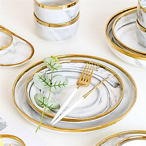 BINTING Steak Dinner Plate Gold Rim Ceramics Dinnerware Set Gold Rim Dinnerware Set European Style Dishes 9-Pieces Sets Gold Edge Marble Pattern Sturdy Tableware