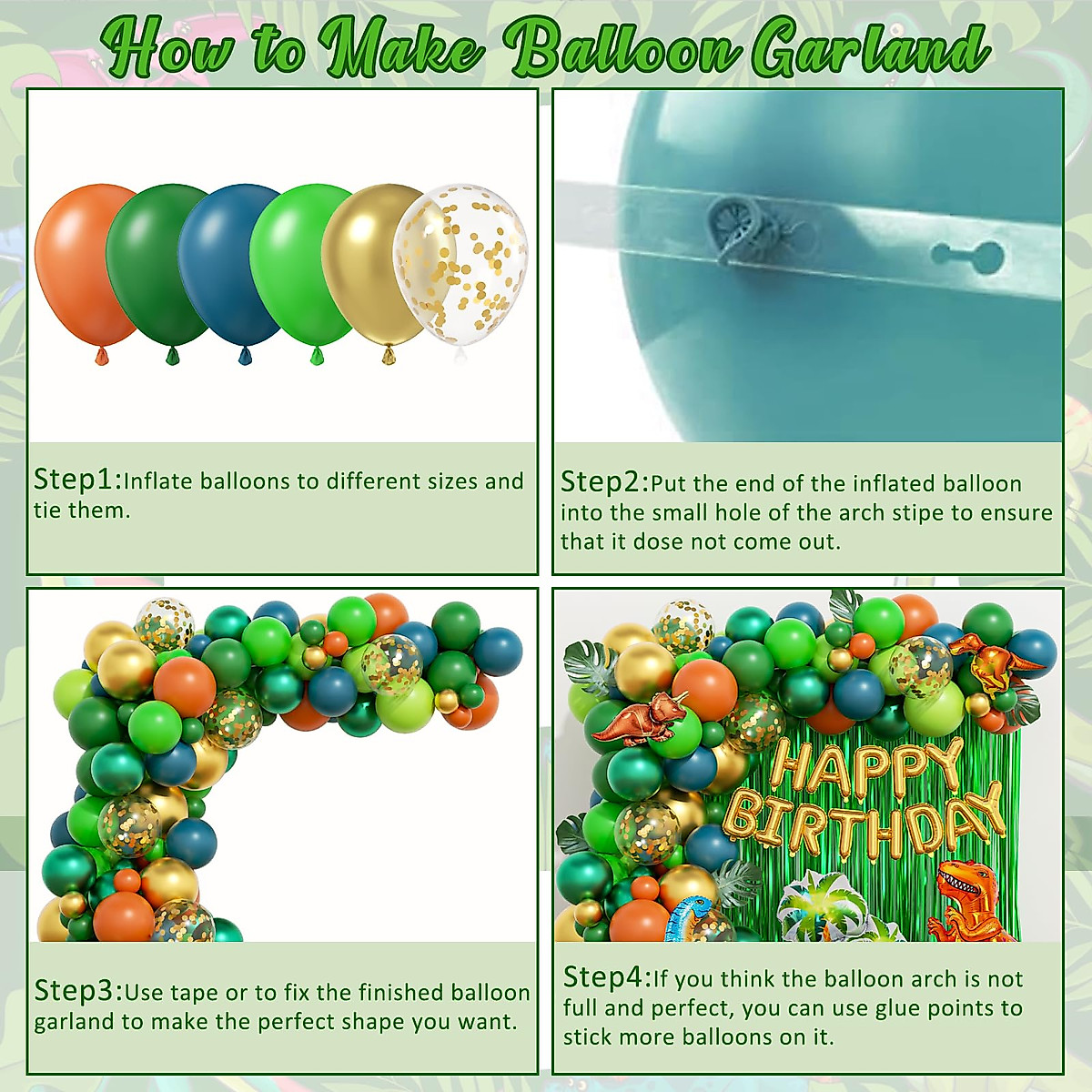 Dinosaur Birthday Party Decorations, 126Pcs Dinosaur Green Blue Orange Balloons Garland Arch Kit Happy Birthday Dino Foil Balloons Curtain for Boys Kids Jungle Safari Dino Themed Party Baby Shower