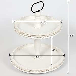 Carah&Cossh Distressed White Wood Two-Tier Tray with Metal Handle, Two Tier Stand with Beads，Farmhouse 2 Tier Serving Tray for Coffee Bar, Kitchen Counter, Dining Room Table(White)
