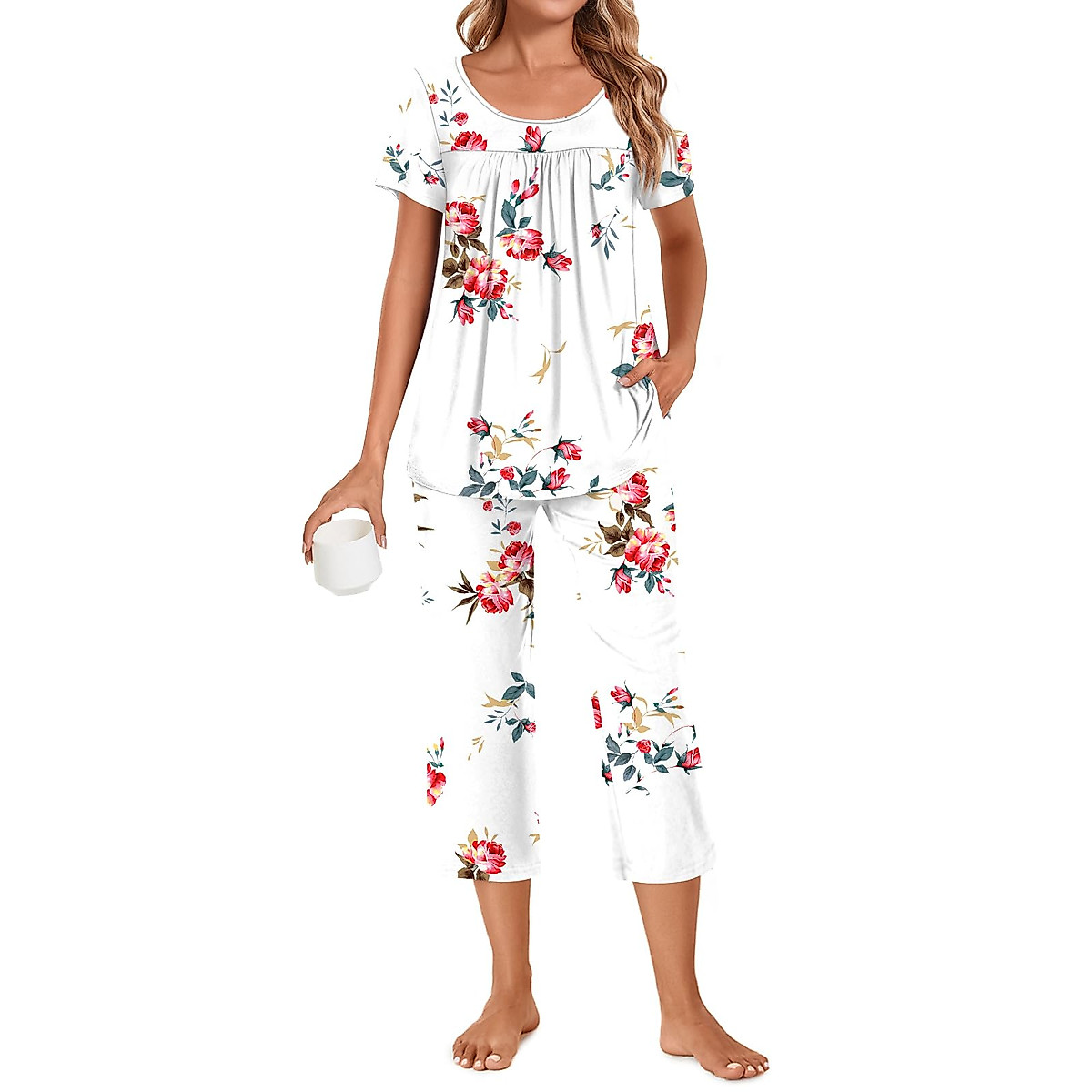 POPYOUNG Womens Pajama Sets Summer Ladies Pjs 2 Piece Loungewear Capri with Pockets Sleepwear L, Floral White