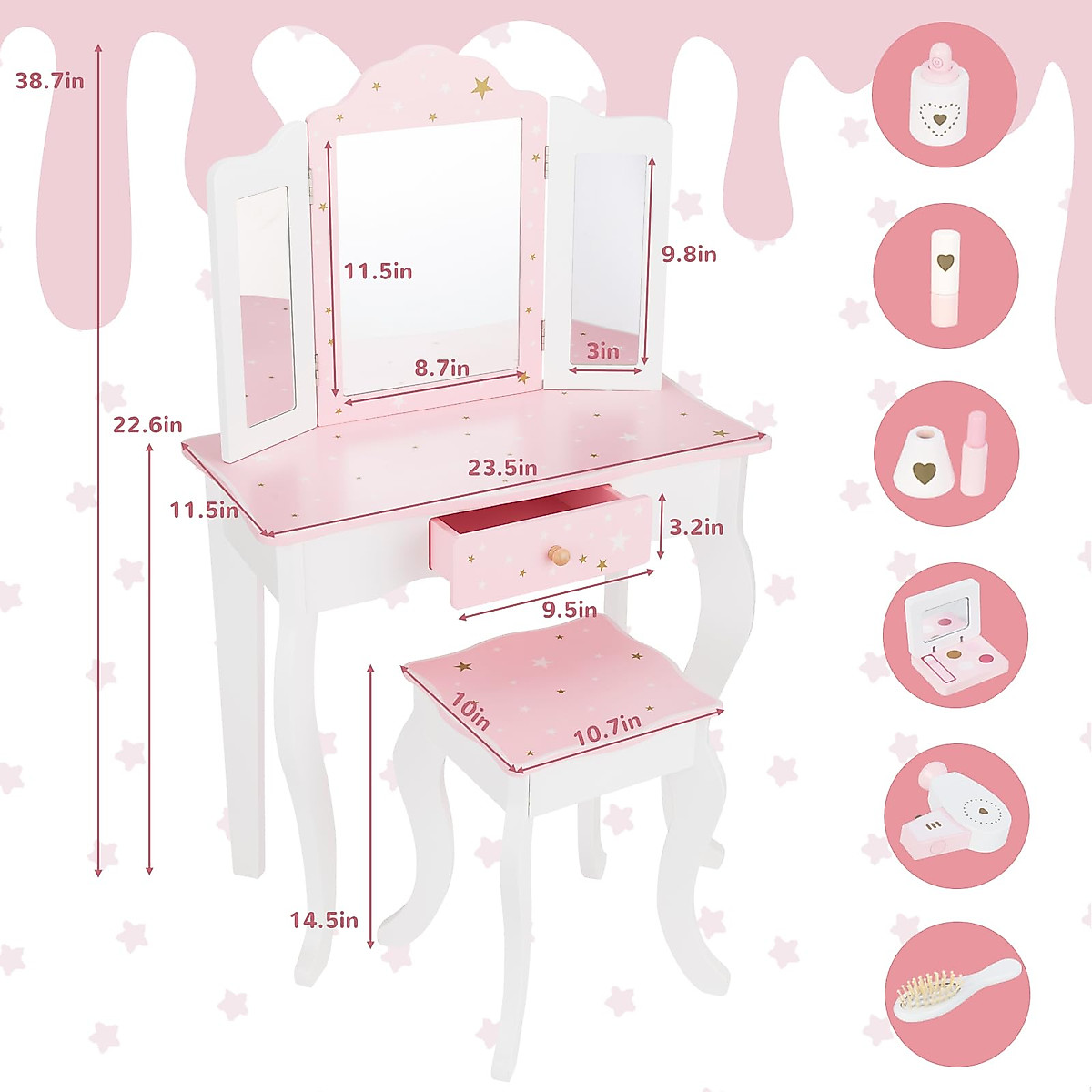 Kids Wooden Play Vanity Set with Vanity Table and 6 pcs Makeup Accessories, Tri-Fold Mirror, Storage Drawer and Matching Stool, Beauty Makeup Vanity Table and Chair Set for Toddlers (Pink)