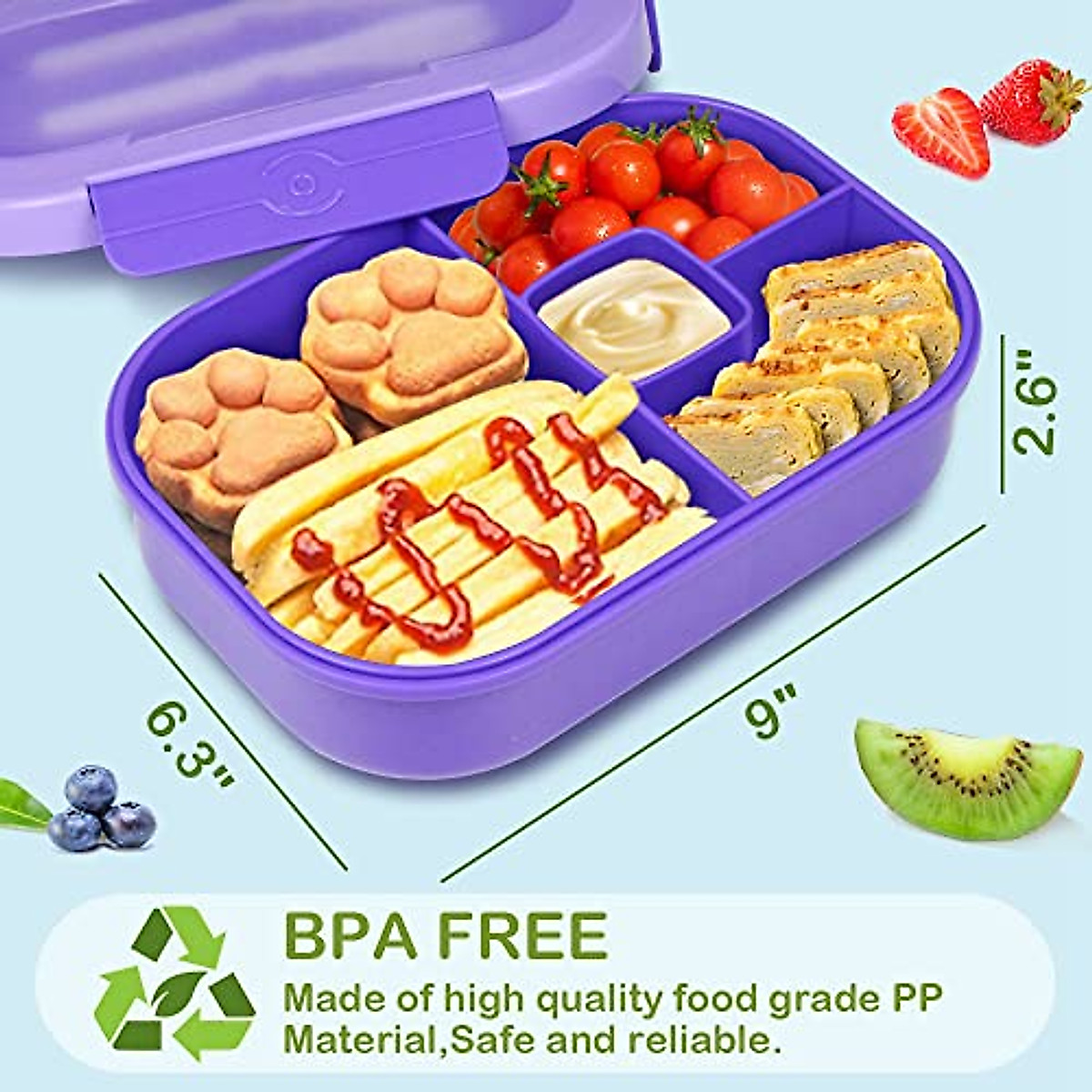 HONZUEN Bento Lunch Box, 4-Compartment Lunch Salad Container, Lunch Box Kit with Spoon and Fork, Microwave Safe Meal Prep Containers for Sandwich, Pasta, Fruit, Travel (Purple)
