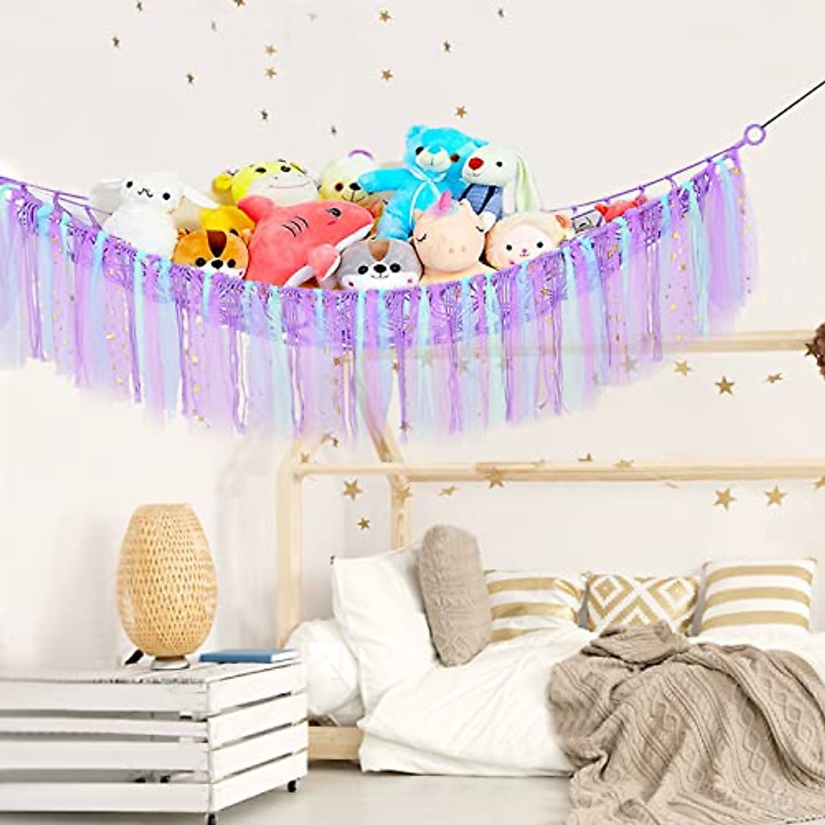 Stuffed Animal Hammock, Stuffed Animal Storage Net, Hanging Plush Net Hammock for Dolls, Toy Hammock Holder Boho Wall Corner Hammock Organizer inc Hooks, Stuffed Animal Toy Bags & Nets (Purple)
