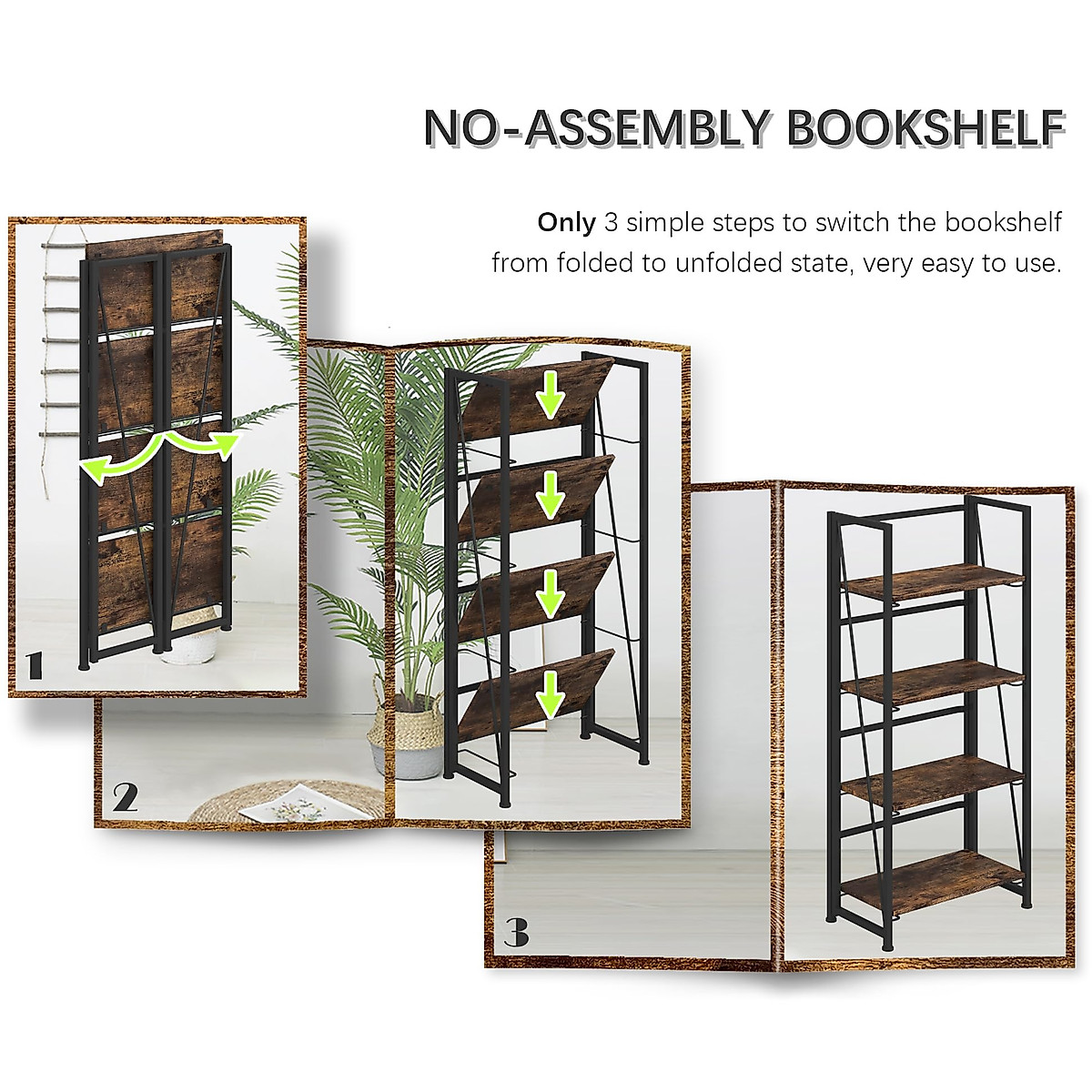 4NM No-Assembly Folding Bookshelf Storage Shelves 4 Tiers Vintage Bookcase Standing Racks Study Organizer Home Office (Rustic Brown and Black)