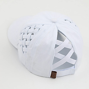 C.C Exclusives Washed Cotton Denim Basket Weave Criss-Cross Ponytail Baseball Cap Bundle Hair Tie (BT-922) White