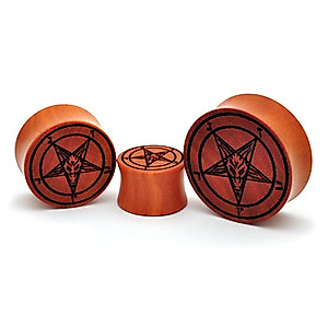 Mystic Metals Body Jewelry Laser Engraved Saba Wood Baphomet Pentagram Plugs (PW-251) - Sold as a Pair (7/8" (22mm))