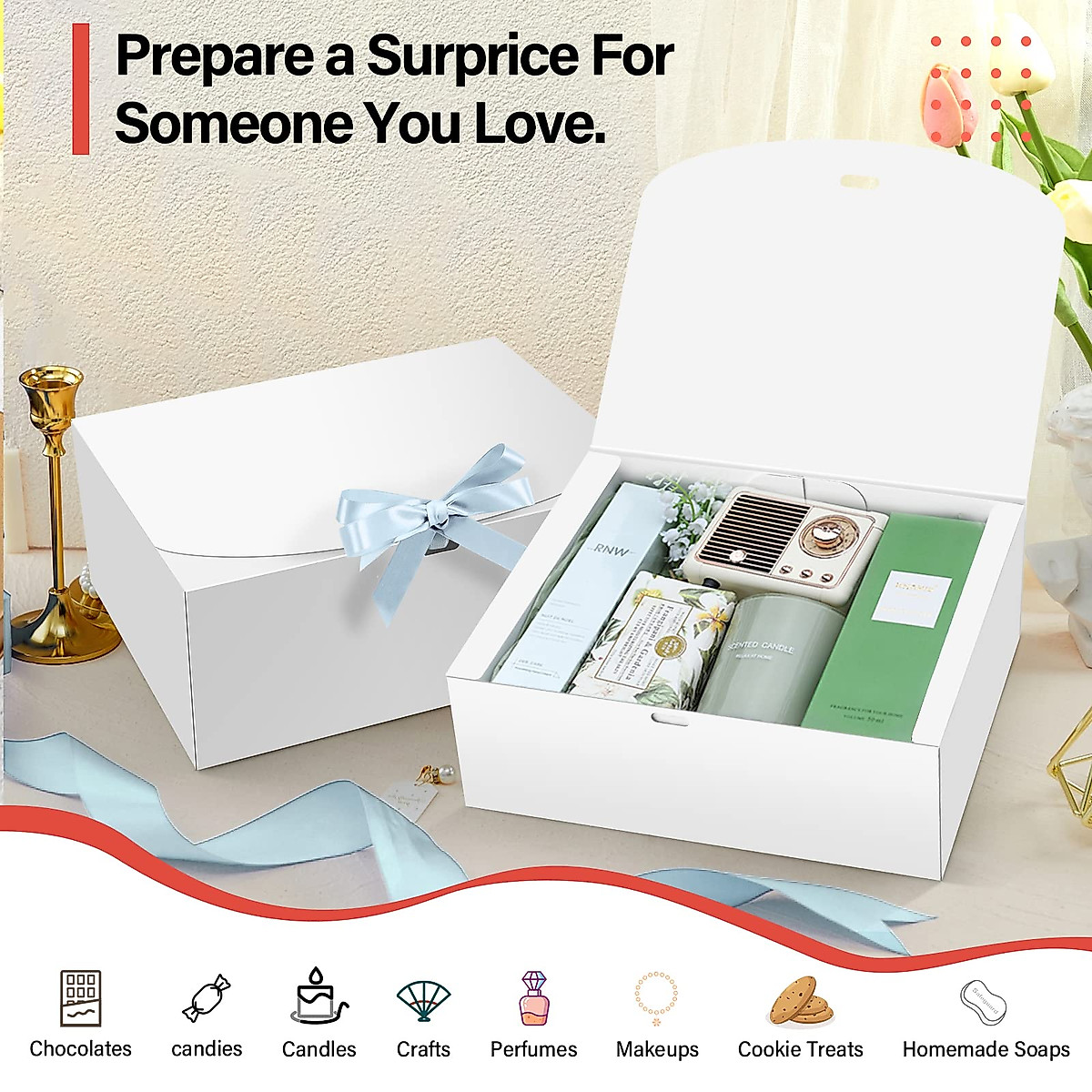 PEKGRIL 15 PCs Gift Boxes with Lids, White 10X8X4 Inch Gift Boxes, Bridesmaid Proposal Box with Ribbon, Kraft Paper Boxes for Wedding, Packaging, Present, Birthday, Christmas, Party