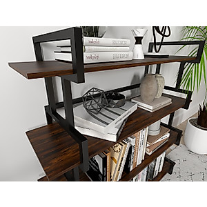 JOIN IRON 4-Tier Modern Industrial Ladder Bookshelf, Rustic Wood and Metal Shelving Unit with Ample Storage, Sturdy Display Rack for Home, Office, and Living Room Decor