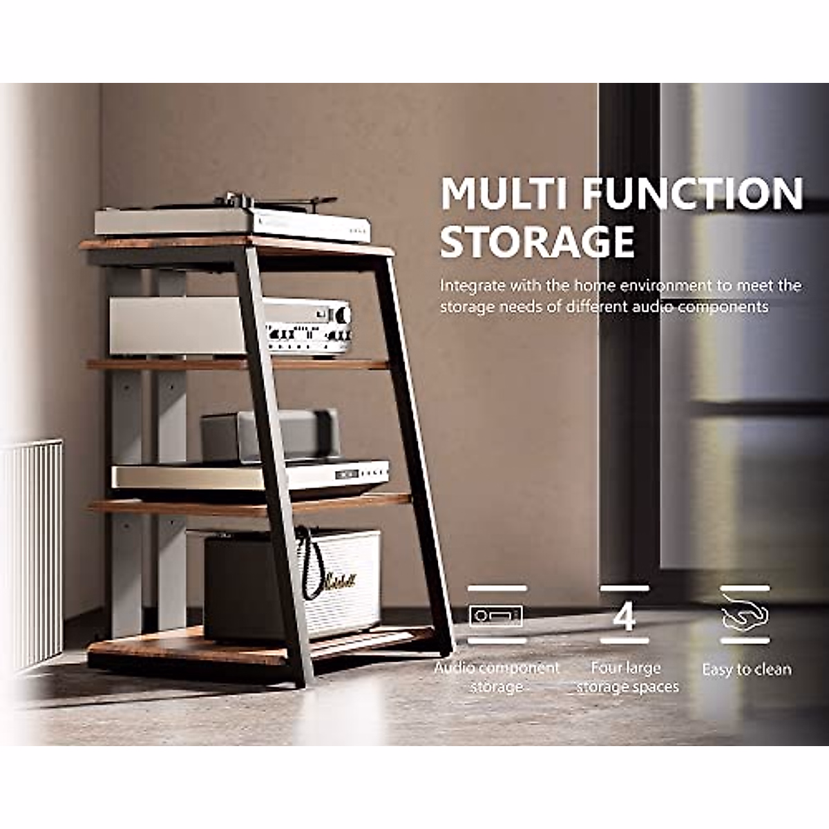 FITUEYES Design 4-Tier AV Media Stand Corner Shelf Stand Wooden Corner Shelves Component Cabinet Stereo Rack Audio Tower with Height Adjustable Wooden Shelves for/Apple Tv/Xbox One/ps4 (Walnut)