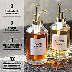 Coffee Syrup Dispenser for Coffee Bar,Coffee Syrup Pump Dispenser for Coffee Bar Accessories,Coffee Syrup Bottles.16.9 oz 500 ml, Set of 2, Gold.Including Glass Bottle,Pump,Labels and Silicone Funnel