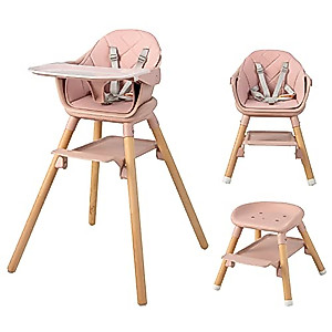 HONEY JOY Baby High Chair, 6 In 1 Convertible Wooden Highchair for Babies and Toddlers/Toddler Chair/Bar Stool, Removable Double Tray & Reversible Footrest, Safety Harness for Infant Boys Girls (Pink)