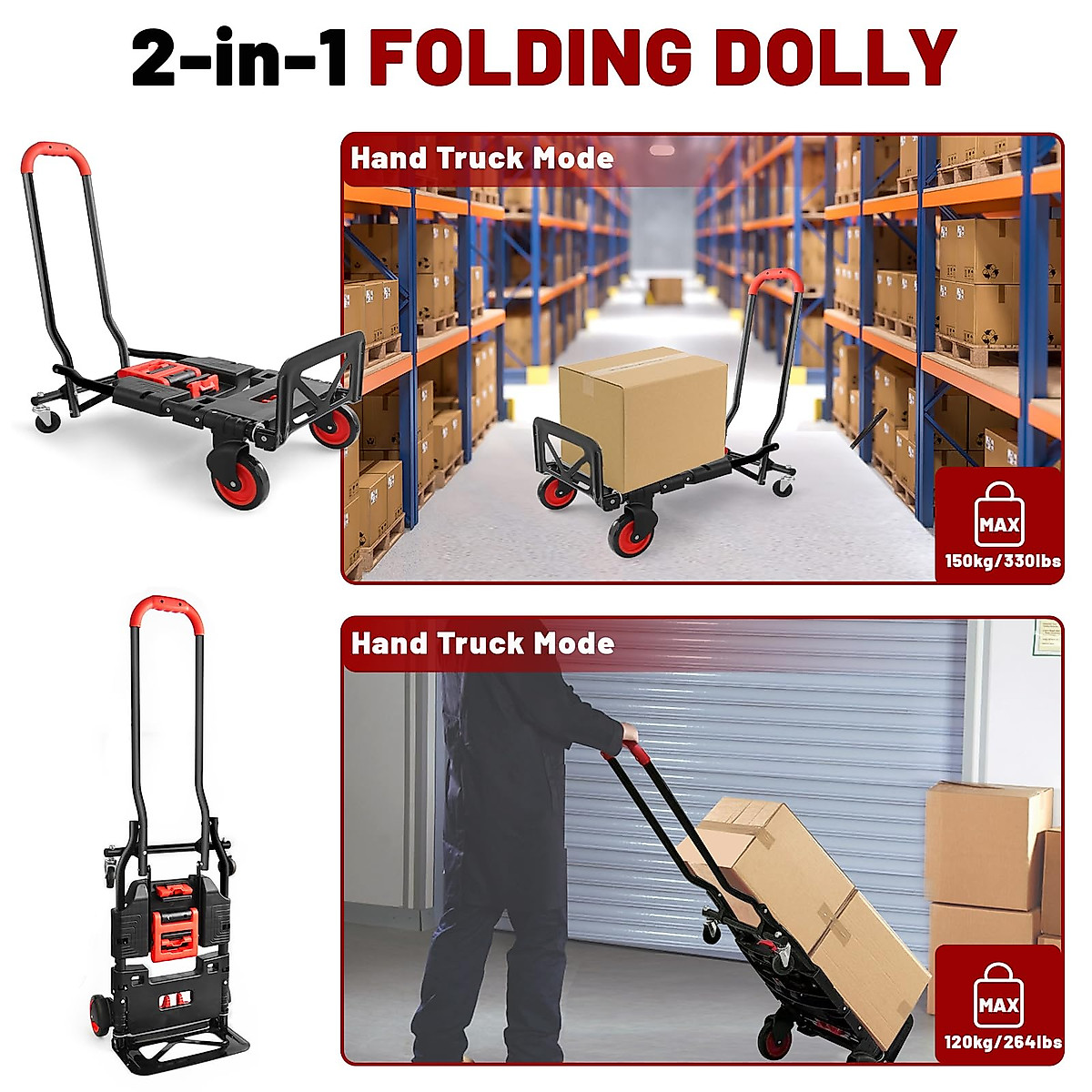 Fuelio 2 in 1 Folding Hand Truck Dolly Cart - Foldable Hand Truck for Moving Collapsible Hand Truck with Wheels Heavy Duty Hand Truck Dolly Cart - Ideal for Moving and Delivery