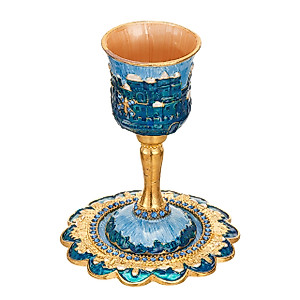 Matashi Hand-Painted Enamel Tall 5" Kiddush Cup Set with Stem and Tray Embellished with Crystals, Jerusalem Cityscape for Weddings Shabbat Havdalah Passover Goblet Judaica Gift