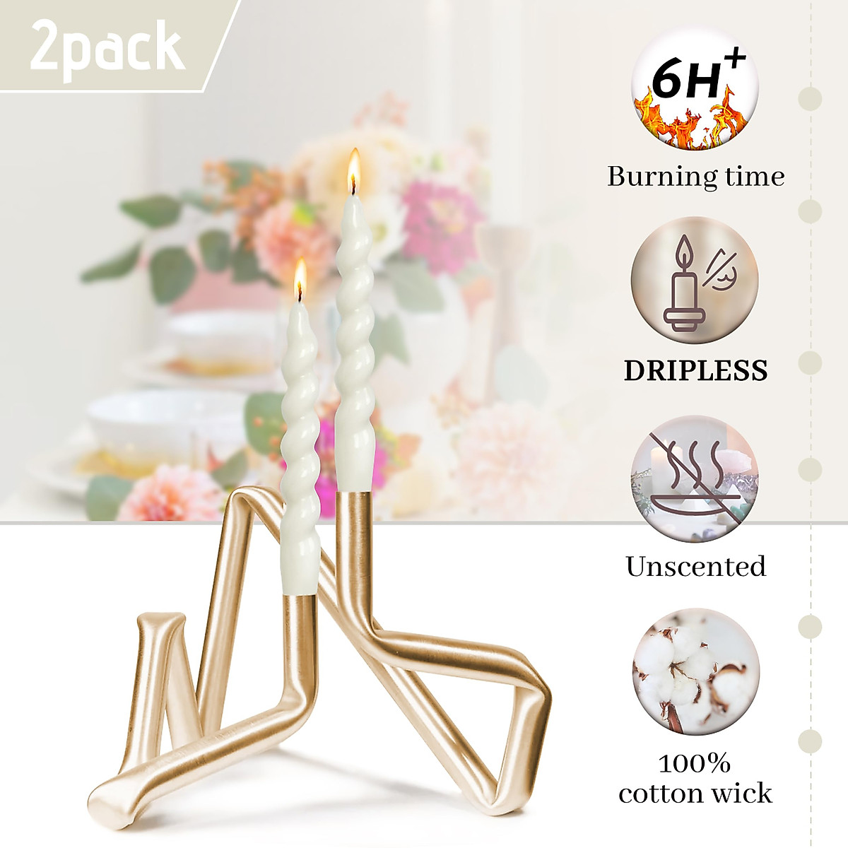 Spiral Taper Candle Milk White Unscented Twisted Candlesticks 7.5 Inch Smokeless Short Candle Stick for Wedding Dinner Decor Creative Gift 2PCS