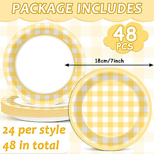 48Pcs Yellow Gingham Paper Dessert Plates Yellow and White Party Supplies Yellow Checkered Tableware Party Decorations Plaid Plates Dinnerware for Boys Girls Birthday Picnic Bride Shower Favor 7”