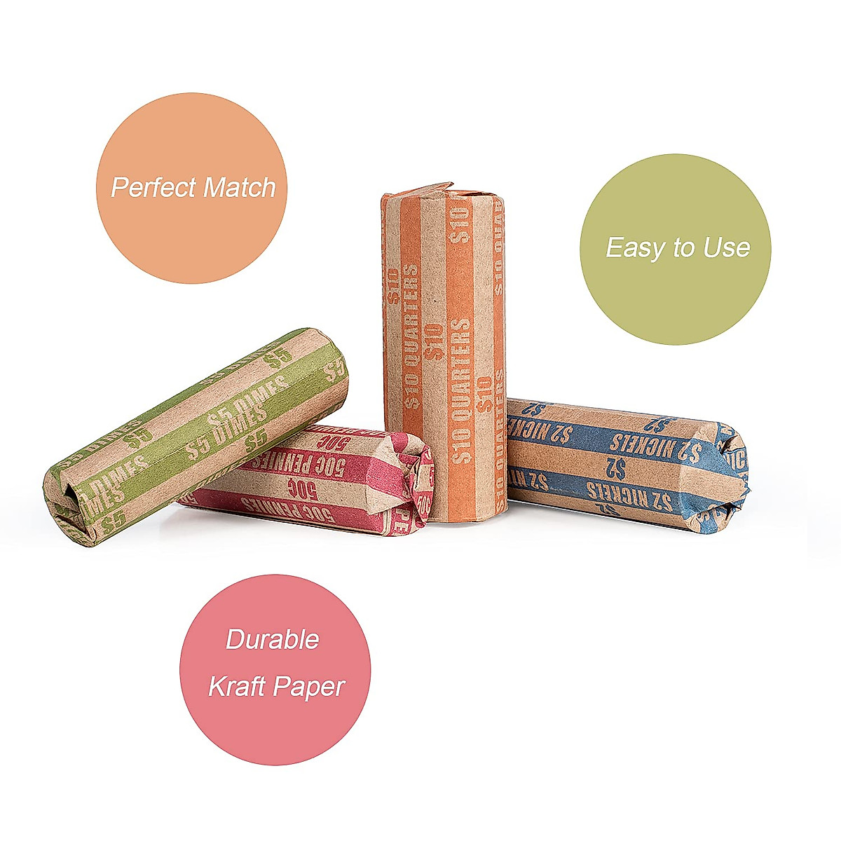 Coin Wrappers Assorted 500 Flat Stripped Coin Roll Wrappers for All Coins Including 200 Quarter Wrappers and 100 Each of Penny, Nickel, Dime Wrappers