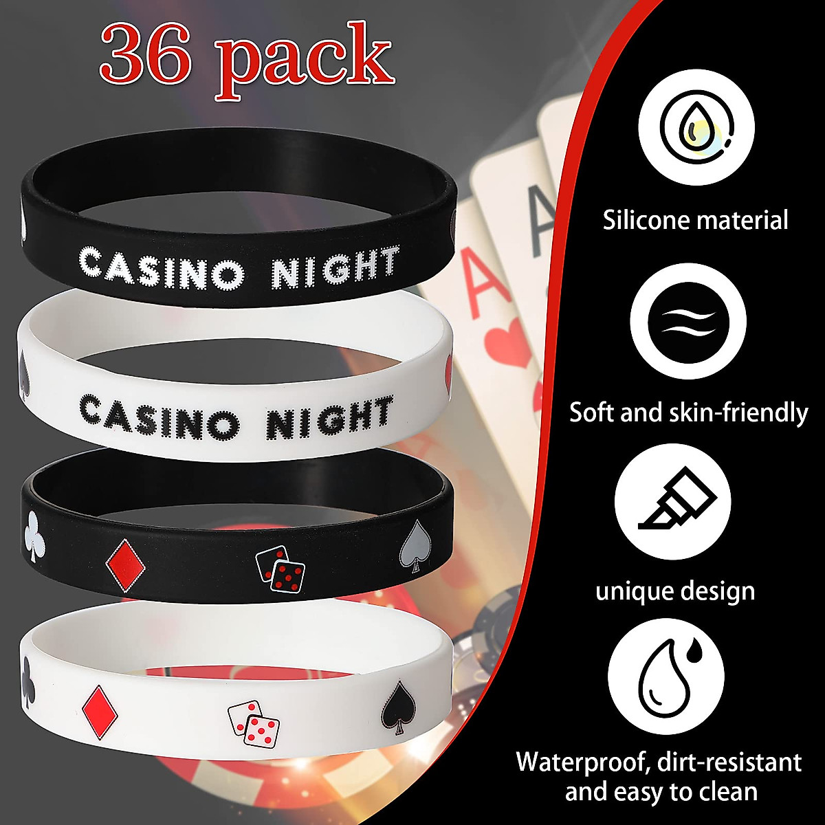 36 Pieces Casino Night Theme Silicone Wristbands Casino Patterns Wristbands Black and White Poker Party Decoration Favors for Adults Birthday Party Casino Night Party
