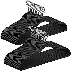 SONGMICS Rubber-Coated Plastic Hangers, 50 Pack Non-Slip Coat Hangers, Space-Saving Slim Clothes Hangers, 360 Degree Swivel Hooks, Shoulder Notches, Black UCRP008B05