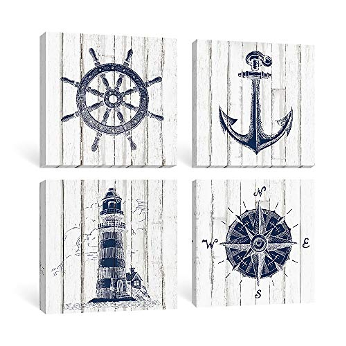 Adecuado Nautical Wall Art Beach Home Decor Boat Anchor Paintings Helm Drawing Compass Lighthouse Rustic Style Pictures Dark Blue Artwork Ready to Hang for Bathroom Living Room 12x12 Inch, 4 Panels
