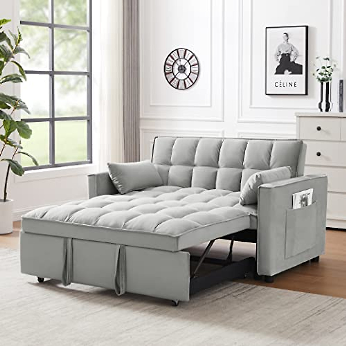 FULife Sleeper Sofa, Convertible Futon Loveseat Sofá Chair 3-in-1, Pullout Chaise Lounge Couch Bed 2-Seat with Adjustable Back for Living Room Apartment Small Space, Gray Velvet 55.2in