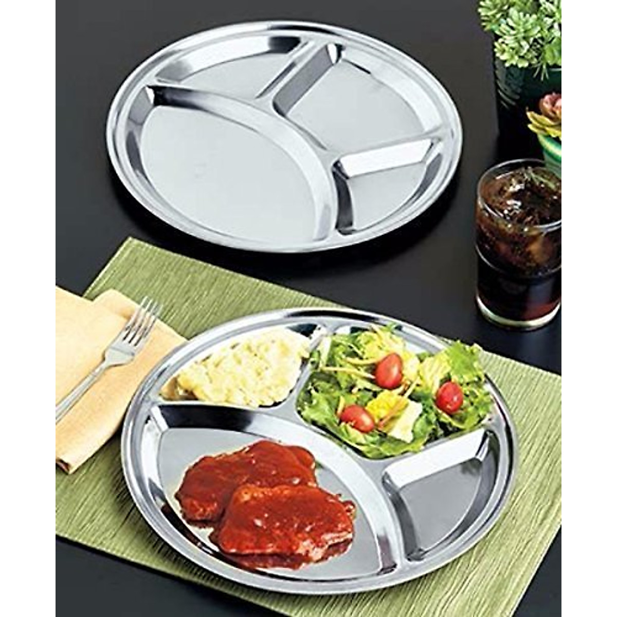 WhopperIndia Stainless Steel Round Dining Plate 4 Compartment Thali, stainless steel compartment plates , ss mess tray , Plates for Dinner Fruitss, Kitchen Dining Table Plate 4 Pcs 11.5 Inch