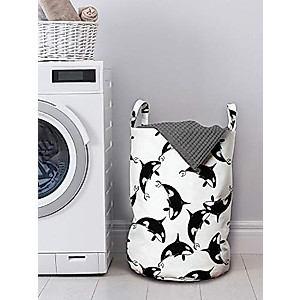 Lunarable Orca Laundry Bag, Grampus Killer Whale Repeating Pattern in Doodle on Plain Backdrop Print, Hamper Basket with Handles Drawstring Closure for Laundromats, 13" x 19", Charcoal Grey and White