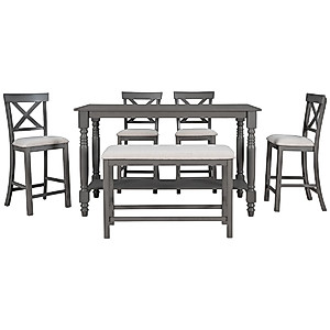 LUMISOL Wood Kitchen Dining Table Set of 6 with Bench and Chairs Farmhouse Rustic Dining Room Table Set, Recantgle Table with Shelf and Upholstered Seating, Gray