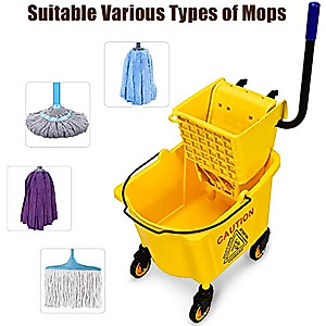 ReunionG Commercial Mop Bucket, Household Bucket with Wringer, Side Press Mop Bucket with Wheel and Handle, Side Press Wringer Trolley with Ergonomic Rocker for Easy Water Drain, Yellow (26 Quart)
