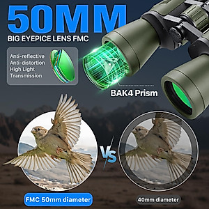 20x50 Hunting Binoculars for Adults High Powered with Low Light Night Vision - 28mm Large Eyepiece Professional Binoculars for Bird Watching Hiking Travel with BAK4 Prism FMC Lens, Green