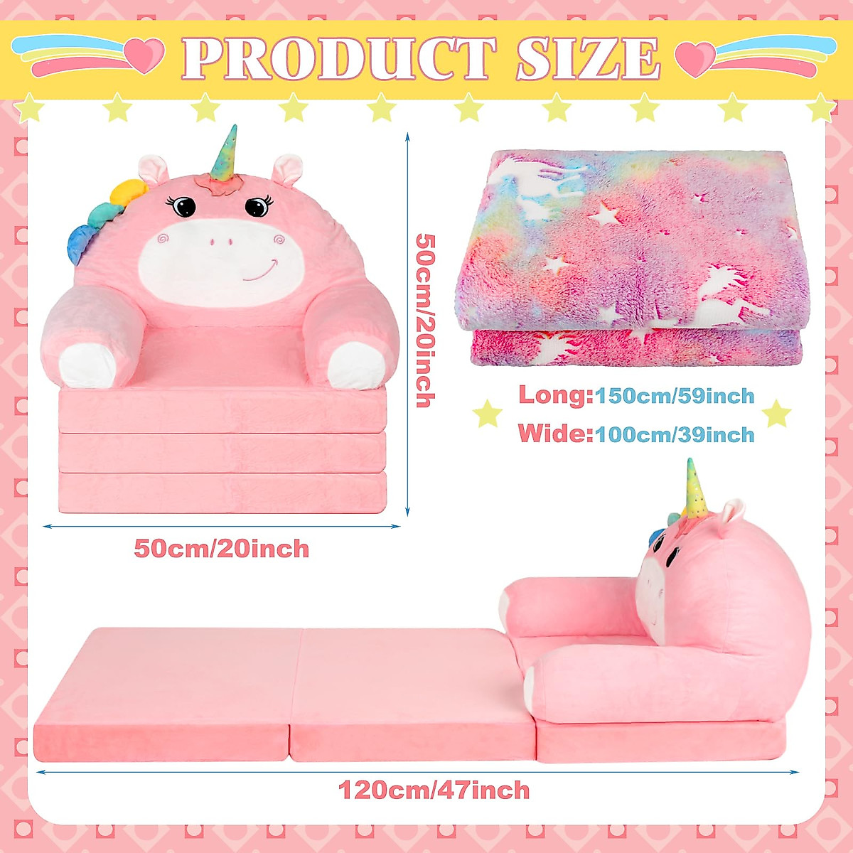 Burbell Toddler Chairs Comfy Toddler Couches That Fold Out with Blanket 2-in-1 Kids Fold Out Couch Velvet Toddler Couch Foldable Chairs for Toddlers Convertible Sofa to Lounger(Pink,Unicorn)