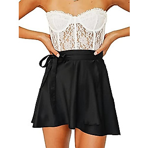 Umenlele Women's Satin Tie Knot Belted Waist Wrap Skater Mini Short Skirt Black X-Large
