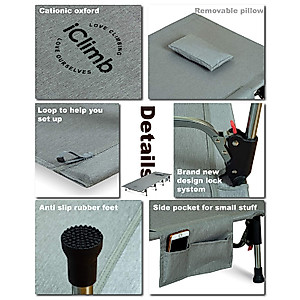 iClimb Super Easy Assemble Folding Cot Ultralight Compact Heavy Duty with Carry Bag for Adults Camping Backpacking (Grey)