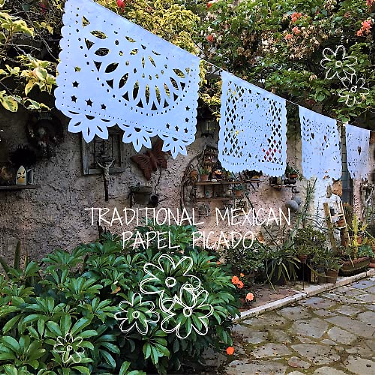 White Papel Picado Mexican Paper -5Pack- Medium Mexican White Banners -60 Panels Wedding Bridal Decorations Garland Flags 16 Feet Long Each Strip -Handmade by Mexican Artisans