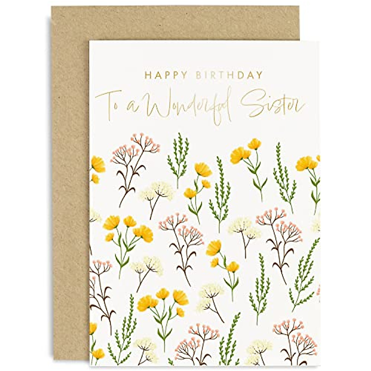 Old English Co. Happy Birthday Card for Wonderful Sister from Brother or Sister - Cute Floral Design with Gold Foil - Colourful Artistic Sister Birthday Cards | Blank Inside with Envelope