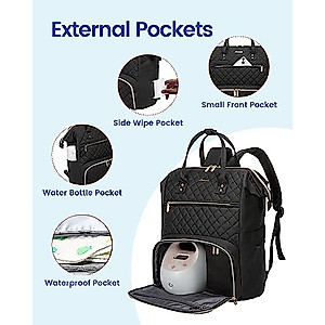 LOVEVOOK Breast Pump Backpack with Cooler Bag, Quilted Breast Pump Bags Fits Spectra S1, S2 Medela, Travel Double Layer Pumping Bag for Working Moms with 15.6" Laptop Pocket, Black