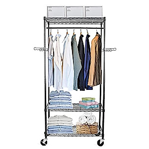 WDT Rolling Garment Rack with Wheels, Large Heavy Duty Clothing Rack with 3 Tier Shelves, Adjustable Metal Garment Closet Organizer Rack for Hanging Clothes, 35"L x 18"W x 74.4"H