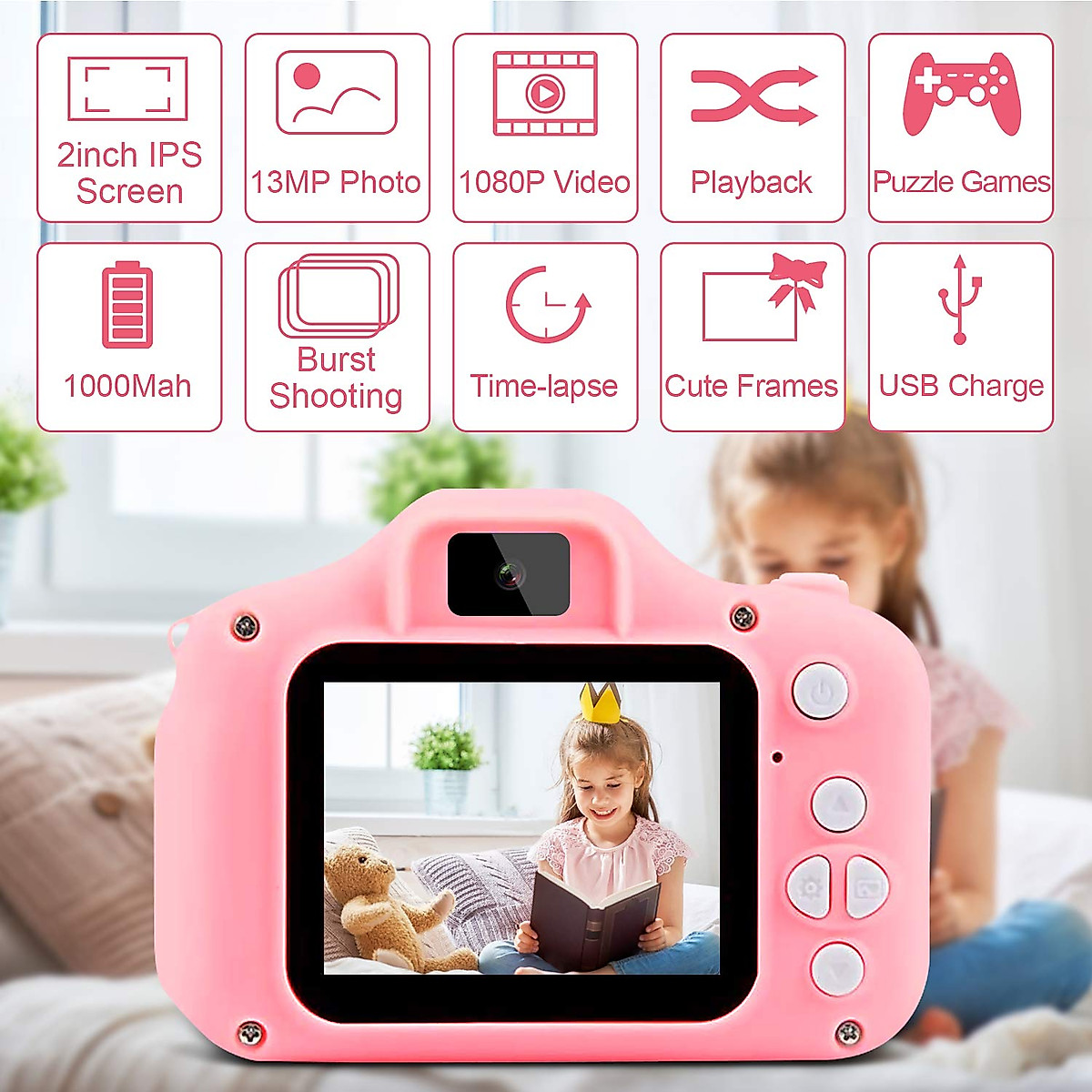 1080P Kids Camera for Girls, Toddler Camera for Christmas Birthday Festival Gift, Children Rechargable Selfie Camera Toy for 3-9 Year Old Girls, Multi-Functional Kids Digital Camera with 32GB SD Card