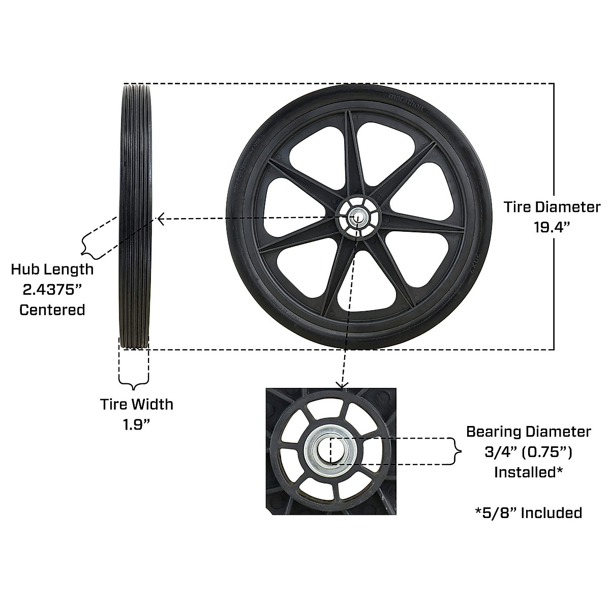 Marathon 92001-2PK 20x2.0 Flat Free Ribbed Tread Cart Tire on Plastic Rim, 3/4" Bearing, Non-Marking, 250-Pound Load Capacity, 2 Pack