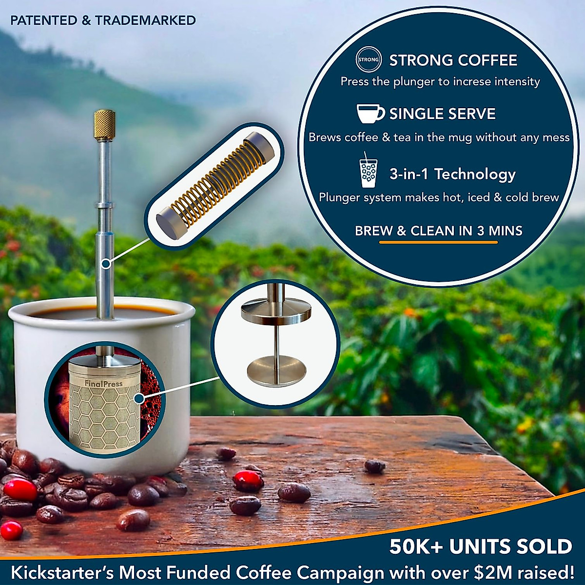 FinalPress Original Coffee & Tea Maker – Portable Stainless Steel Micro French Press – Patented 3-in-1 Technology for Hot, Iced & Cold Brew – Perfect for Home, Camping & Travel (UPGRADED V2)