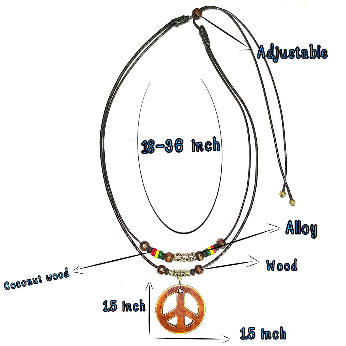 LAVIP Leather Peace Sign Pendant Double Layers Peace Symbol Brown Pendant Necklace Coconut wood Beads