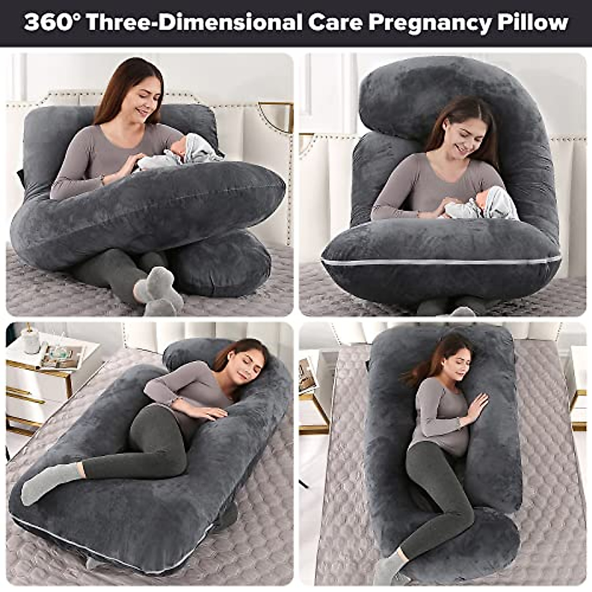 Elover Pregnancy Must Haves Pregnancy Pillow U-Shaped Full Body Maternity Support Pillow for Pregnant Women with Replaceable and Washable Velvet Cover Size 57" (Black,Velvet)