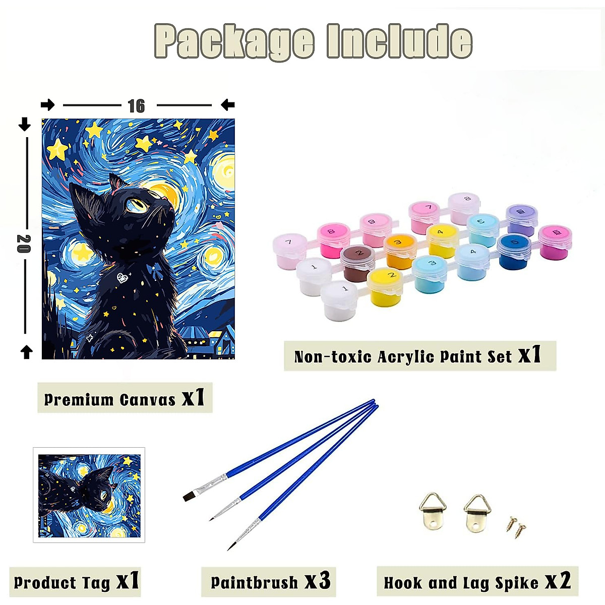 Yunnuo Paint by Numbers for Adults Black Cat, Paint by Numbers kit on Canvas for Beginners, Starry Night Oil Painting Set Craft Supplies, 3 Paintbrushes and Acrylic Paint 16x20 Inch