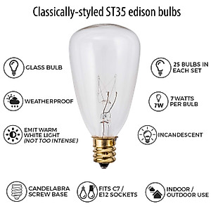 ZHONGXIN 25 Pack - Clear Incandescent ST35 Bulbs Warm White for Patio String Lights Fits E12 and C7 Base 7 Watt, for ST35 and G40 Replacement Bulbs for Patio Lights
