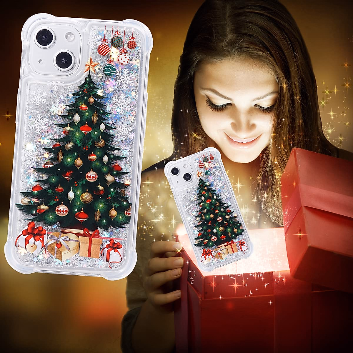 FLOCUTE Glitter Christmas Case Compatible with iPhone 13 Mini Glitter Case Christmas Tree Clear Soft TPU Rubber Bumper Girly Women Cute Liquid Holiday Case for iPhone 13 Mini (Christmas Tree)