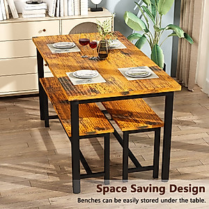 AWQM Dining Table Set with Two Benches, Kitchen Table Set for 4-6 Persons, Kitchen Table of 47.2x28.7x28.7 inches, Benches of 40.5x11.0x17.7 inches, Rustic Brown