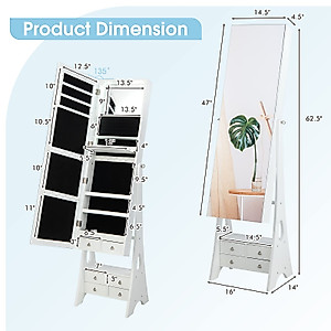 GOFLAME Jewelry Cabinet Freestanding, LED Lighted Jewelry Armoire with Full-length Frameless Mirror, Foldable shelf, 6 Drawers, Lockable Mirrored Jewelry Cabinet with 3 Adjustable Angle (White)