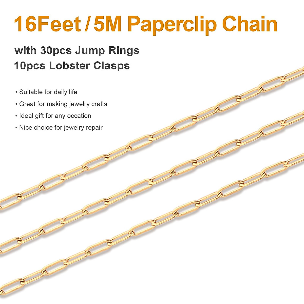 Kyutong 5M Gold Plated Necklace Chain for Jewelry Making 304 Stainless Steel Paperclip Chain Roll with Lobster Clasps and Jump Rings for Men Women Making Jewelry Craft Support Jewelry Findings