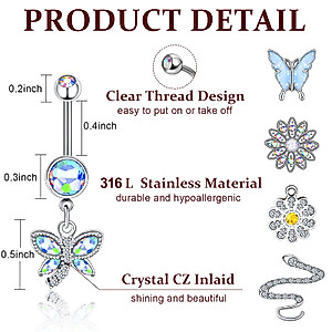 10 Pcs Dangle Belly Button Rings Piercing Belly Button Rings for Women Silver Heart Stainless Steel Curved Belly Rings Jewelry Dangling Cute Heart Butterfly Navel Rings Women's Body Piercing Barbells