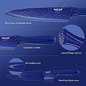 hecef Galaxy Blue Kitchen Knife Set of 5, Non-slip Metallic Ceramic Coated Chef Knife Set, Hammered Blade with Plastic Handle and Protective Blade Sheath